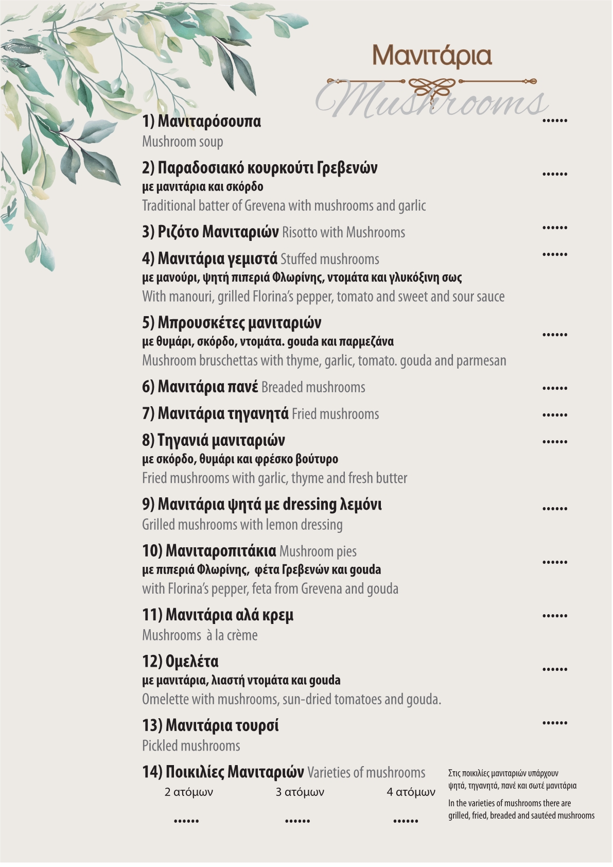 Μενου της μανιταροταβερνας Αυλαις - Μανιταροταβέρνα Αυλαίς με μανιτάρια ...