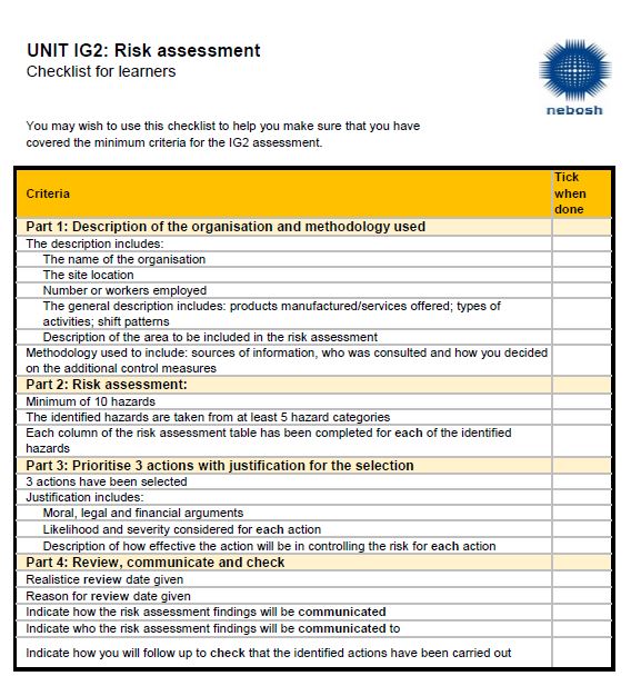 NEBOSH IG2 Risk Assessment Checklist New Pattern