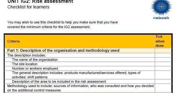 NEBOSH IG2 Risk Assessment Checklist New Pattern