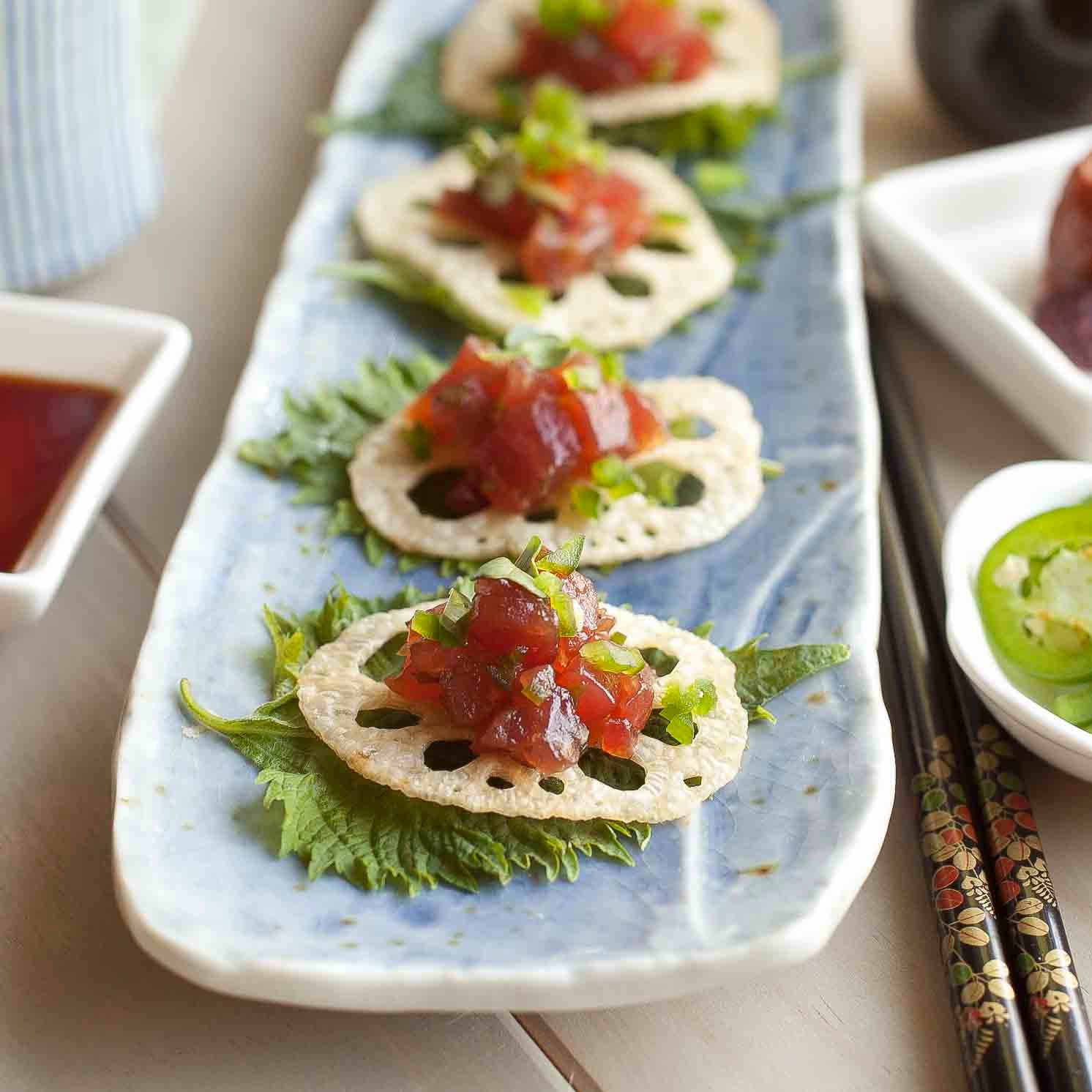 FOODjimoto: Spicy Sashimi with Umeboshi on Crispy Renkon