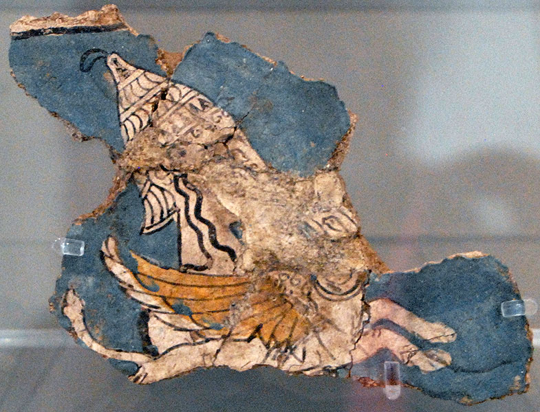 Mycenaean Goddess (possibly Athena) in boar's tusk helmet with griffin ...