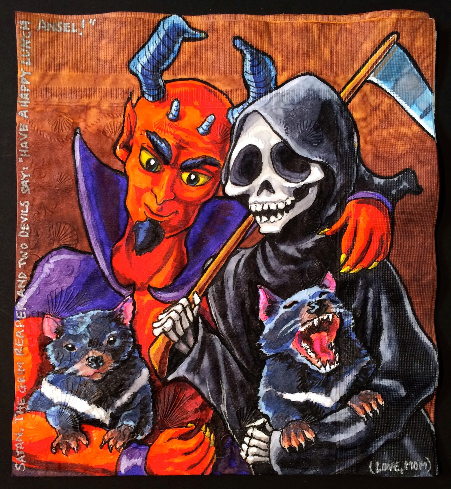 Daily Napkins: Satan, Grim Reaper and Two Devils