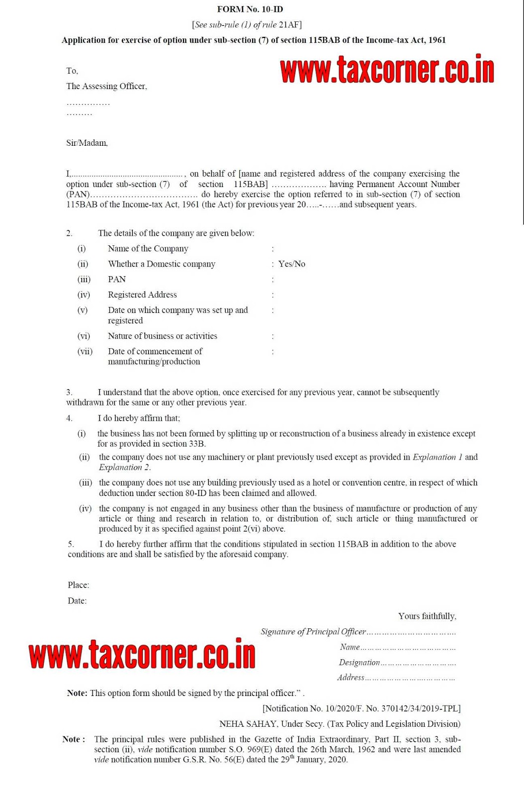 CBDT notifies Form No 10-IC and 10-ID for opting section 115BAA and 115BAB