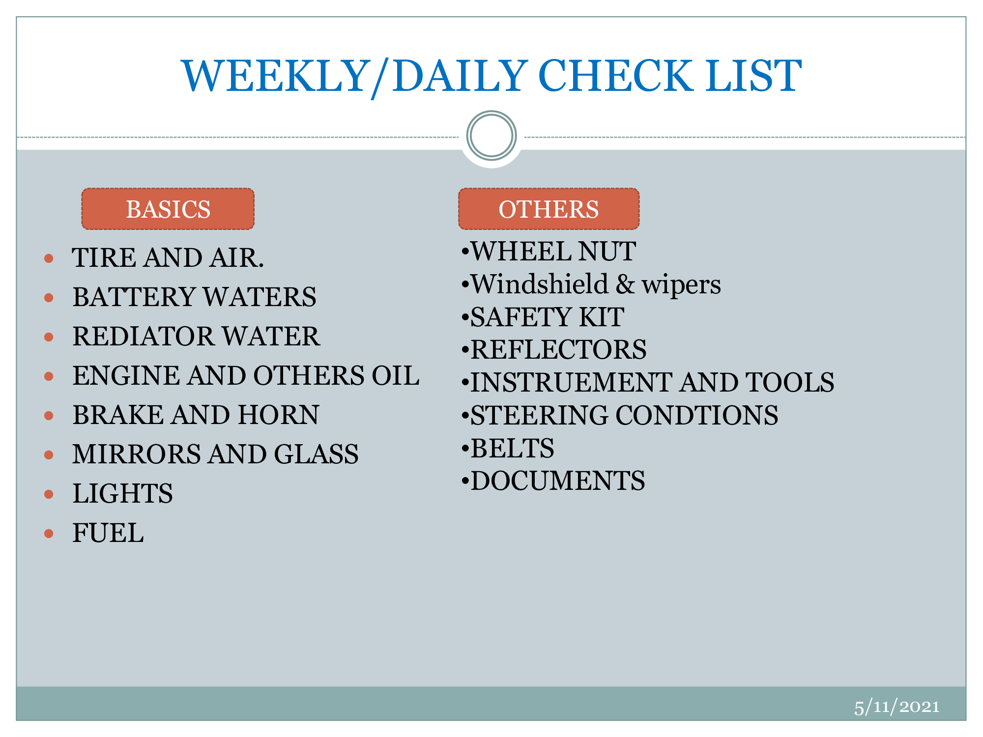 VEHICLE DAILY CHECK LIST/INSPECTION