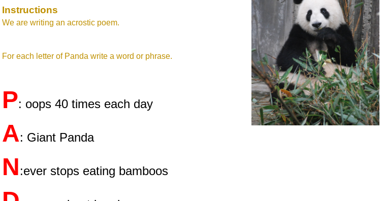 Julianna @ Pt England School : Acrostic poem - Pandas!