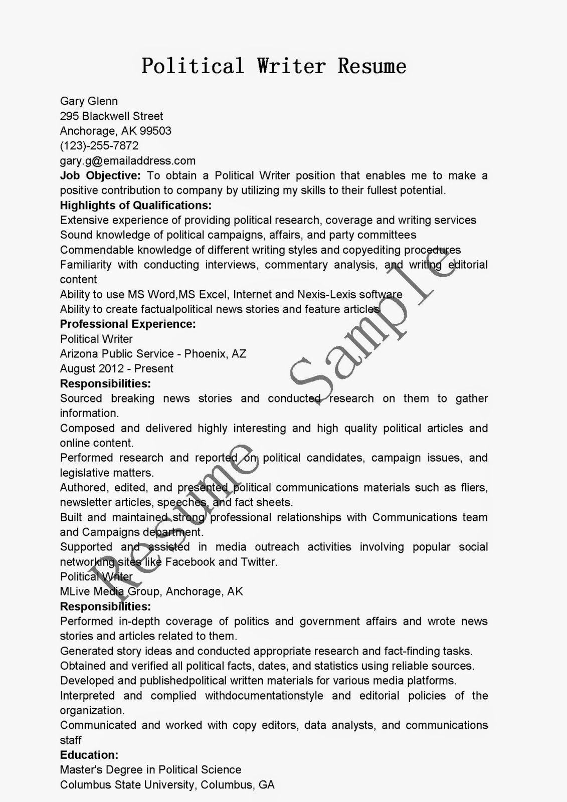 Resume Samples: Political Writer Resume Sample