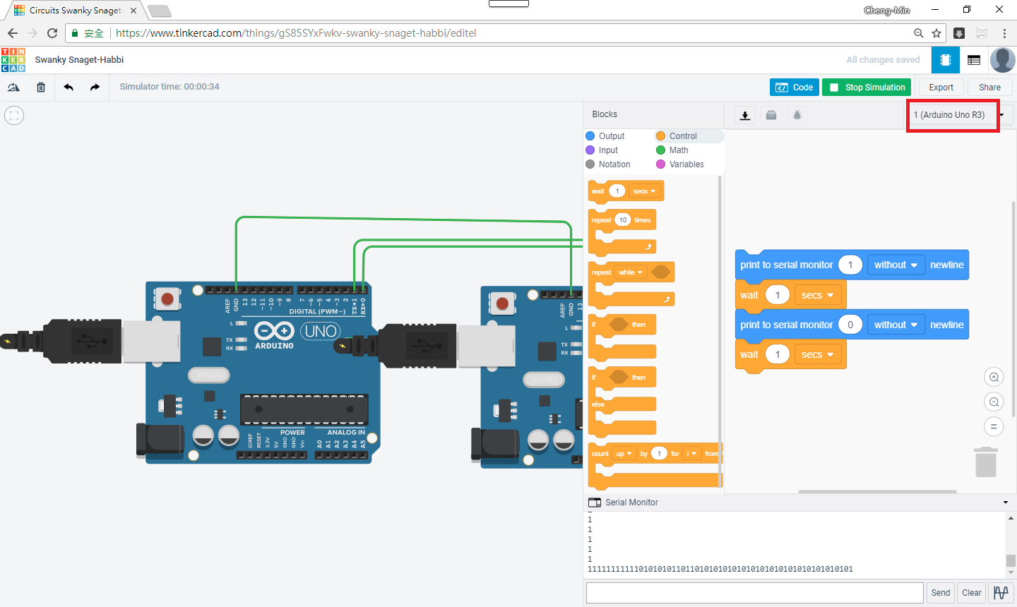 智慧生活科技專業社群: [Tinkercad Programming]簡易通訊：兩片Arduino對傳