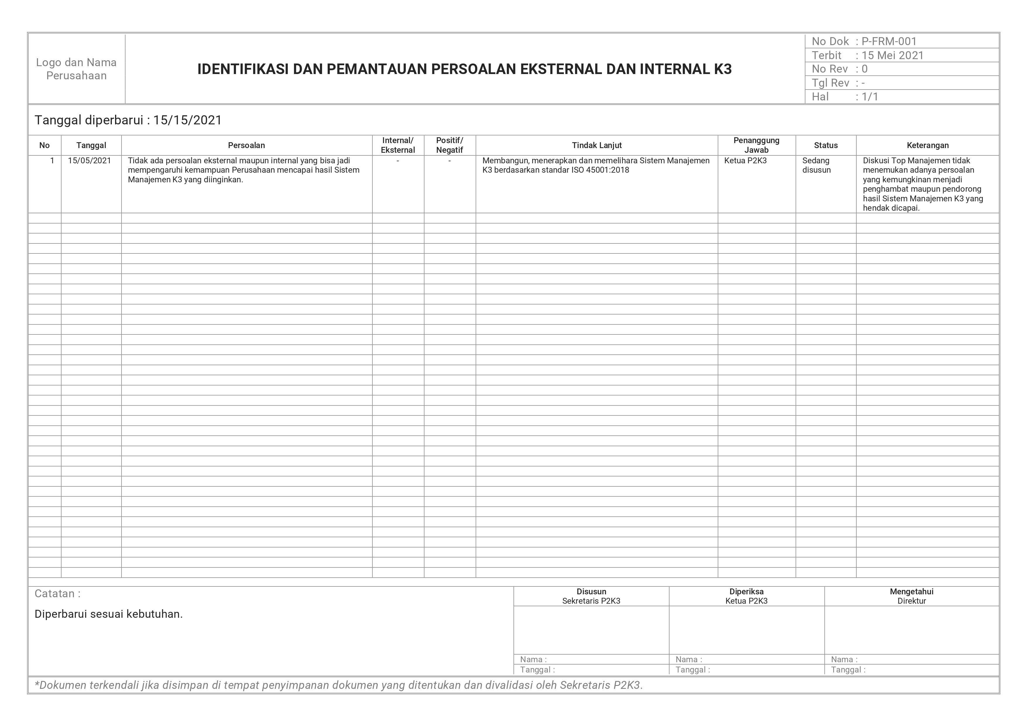 Formulir Identifikasi dan Pemantauan Persoalan Eksternal dan Internal ...