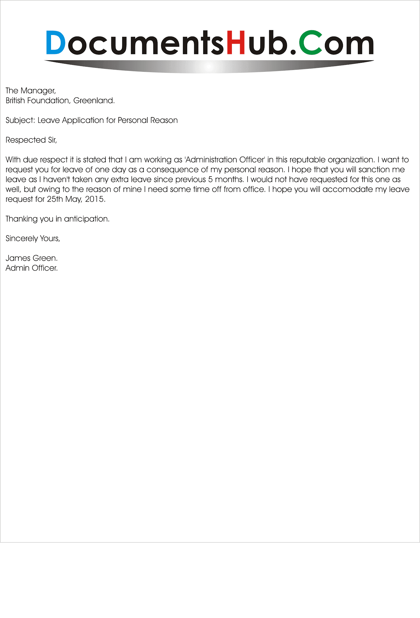 Personal Leave Letter Format - Birthday Letter