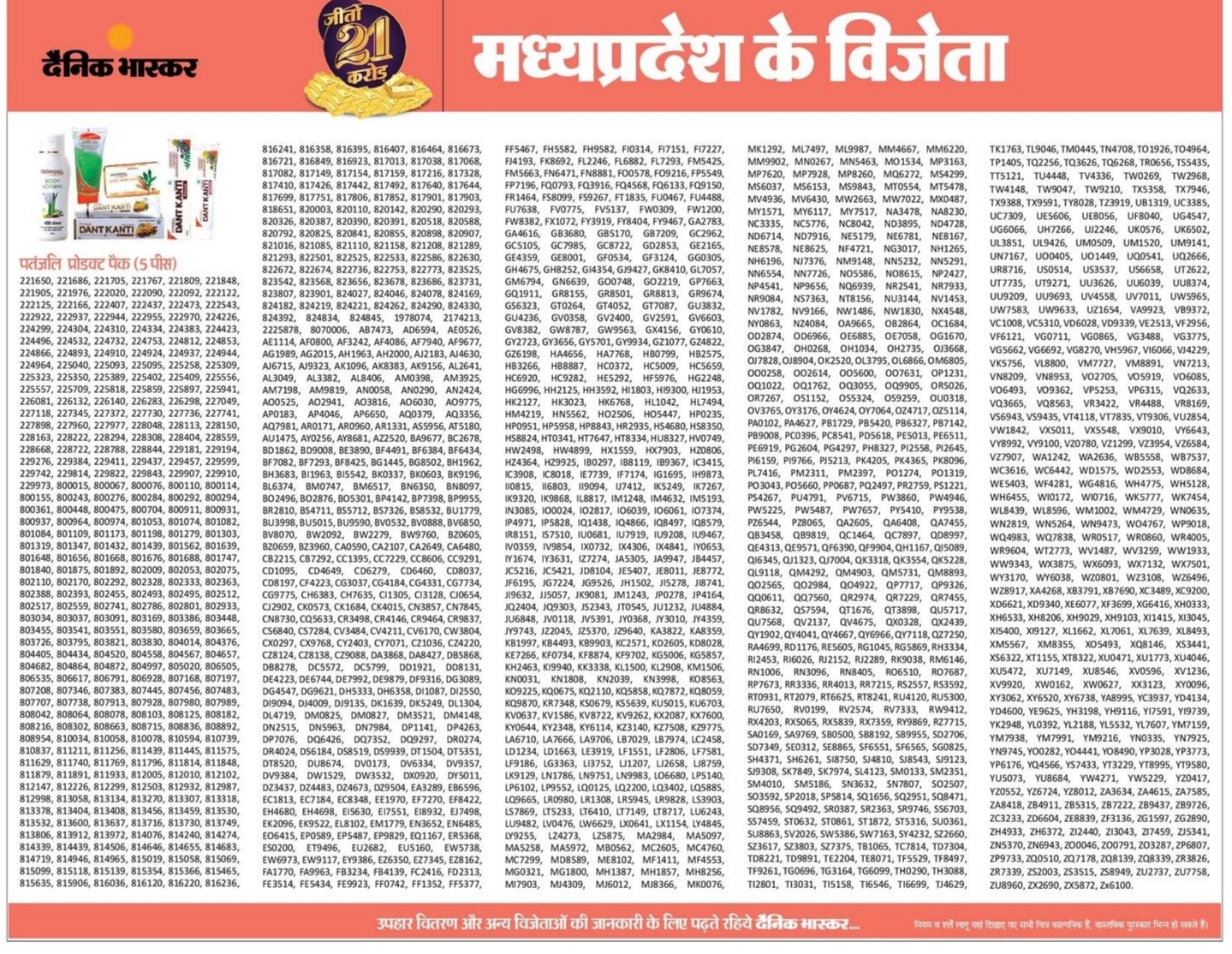 All India Dainikbhaskar Jeeto 21 Crore Draw 2021 Result Winner Name ...