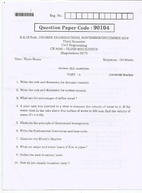 Anna University CE 8302 Fluid Mechanics NOVEMBER/DECEMBER 2019 Question ...
