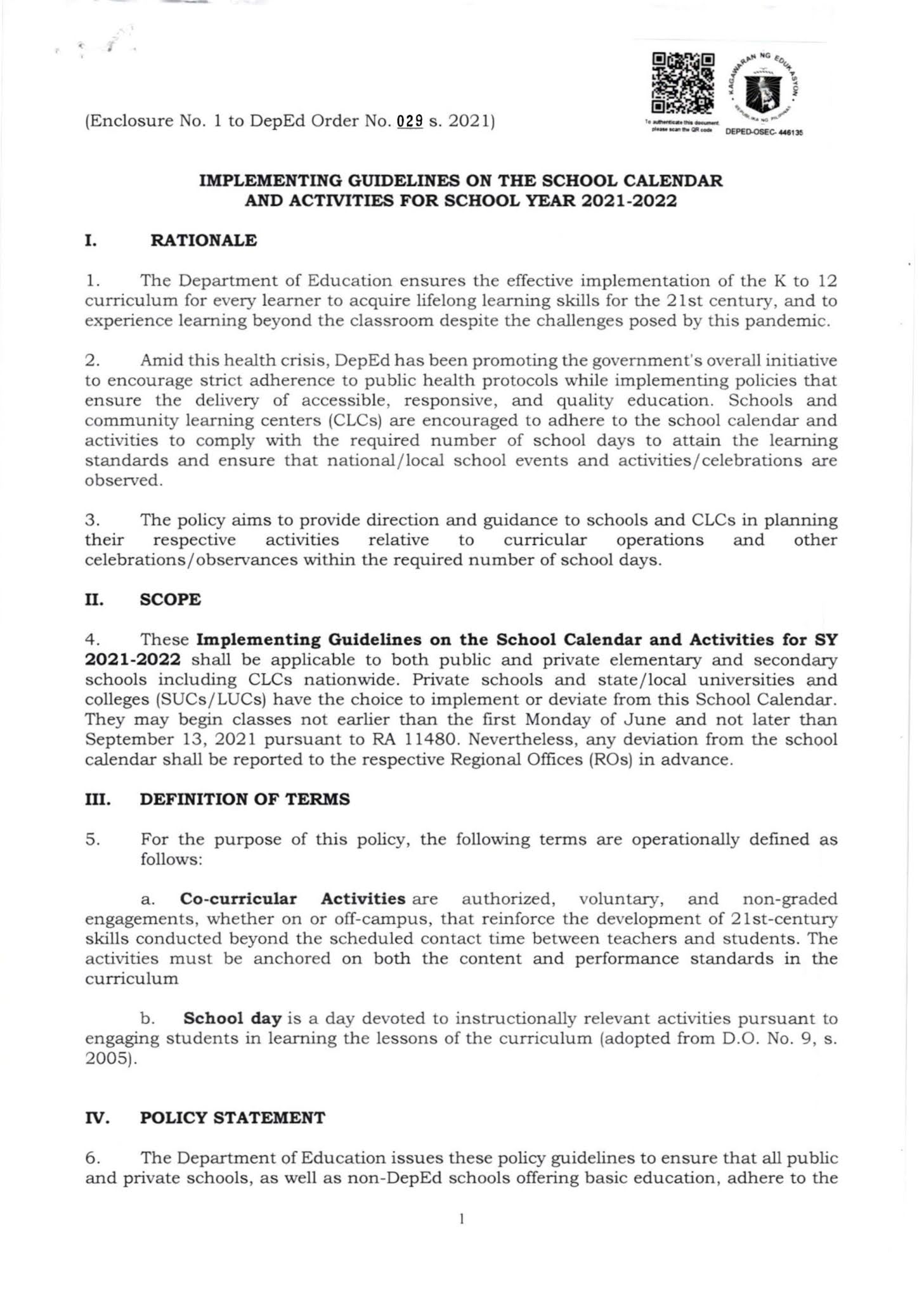 DepEd Order No. 029, s. 2021: SCHOOL CALENDAR AND ACTIVITIES FOR SCHOOL ...