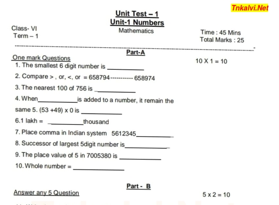 6th Standard - Unit Test 1 - Maths - E/M - Tnkalvi .net