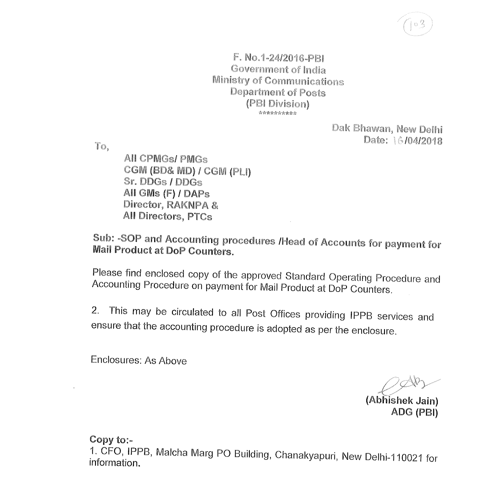 SOP and Accounting Procedure for Payment for Mail Product at DOP counters
