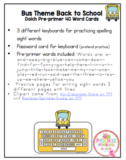 Bus Theme Pre-Primer Sight Words Practice with Keyboard ~ Preschool ...