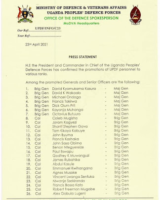 40 UPDF OFFICERS PROMOTED TO THE RANK OF GENERAL