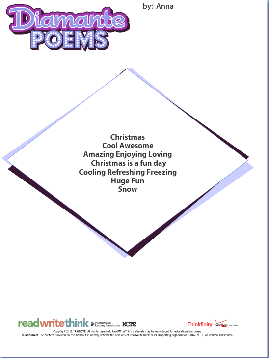 Anna: Diamante poems about Christmas