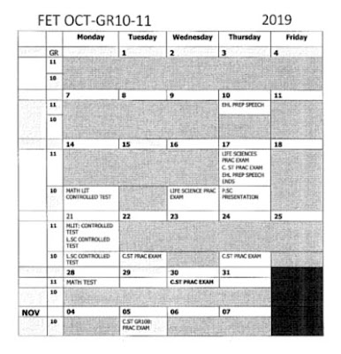 Cape Town High School: CTHS GET and FET Assessments Calendars - Oct '19