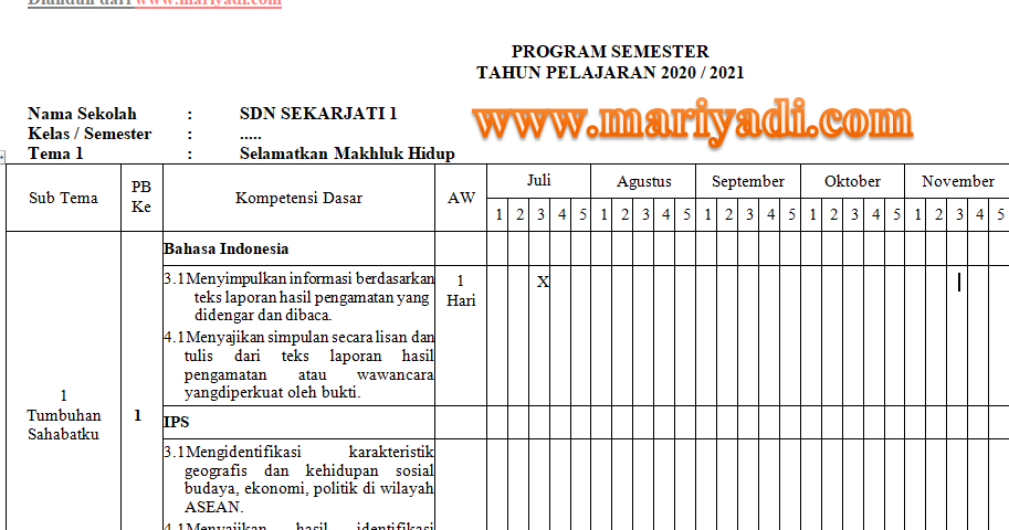 Program Semester (PROMES) Kelas 4 SD/MI Kurikulum 2013 Semester 1 Tahun ...