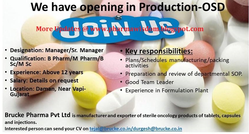 Openings in Production-OSD @ Brucke Pharma Pvt. Ltd - PHARMA WISDOM