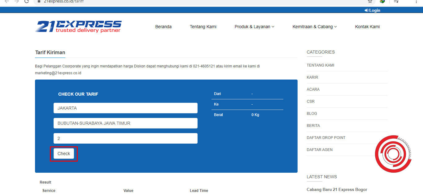 Cara Cek Tarif Ongkir Jasa Ekspedisi 21 Express - KEPOINDONESIA
