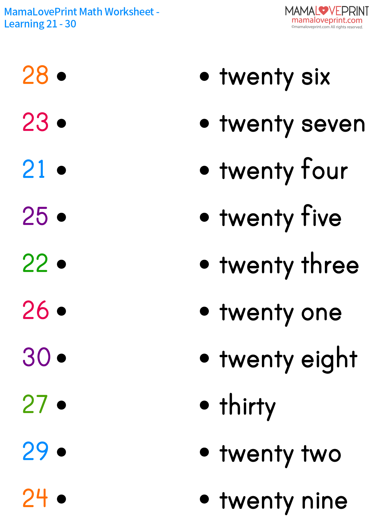 MamaLovePrint K3工作紙 - 11 - 20 和 21 - 30 練習 Eleven to Twenty and Twenty ...