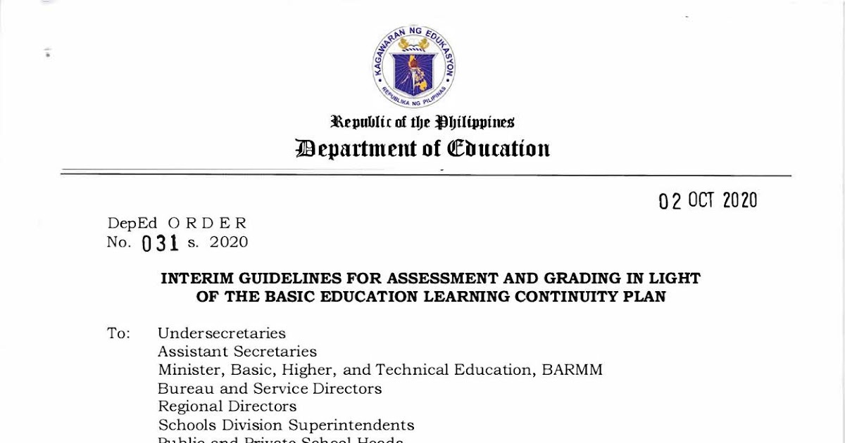 DepEd Memos, Orders & Results: ASSESSMENT AND GRADING SYSTEM FOR SY 2020-2021