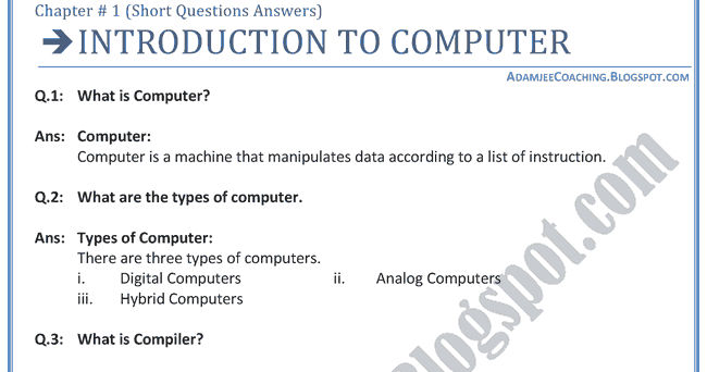 Adamjee Coaching: Introduction to Computer - Short Question Answers ...
