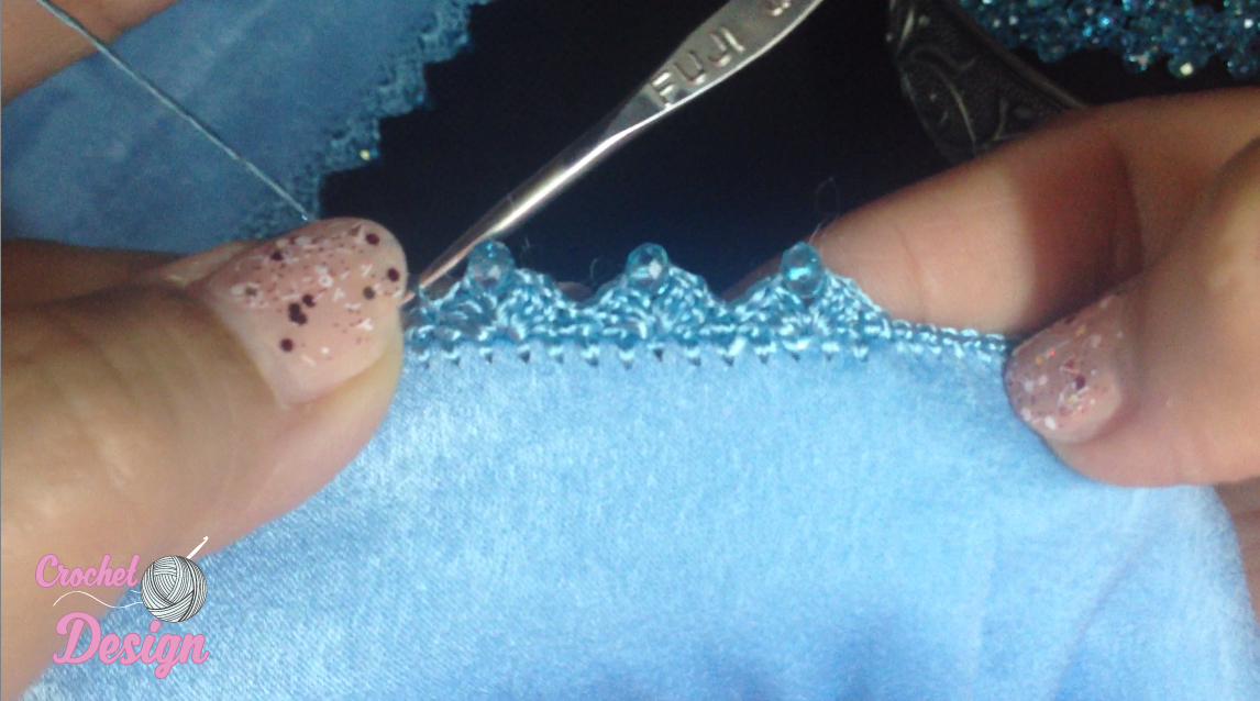 Crochet Design: How to make fancy crochet edging with beads on fabric