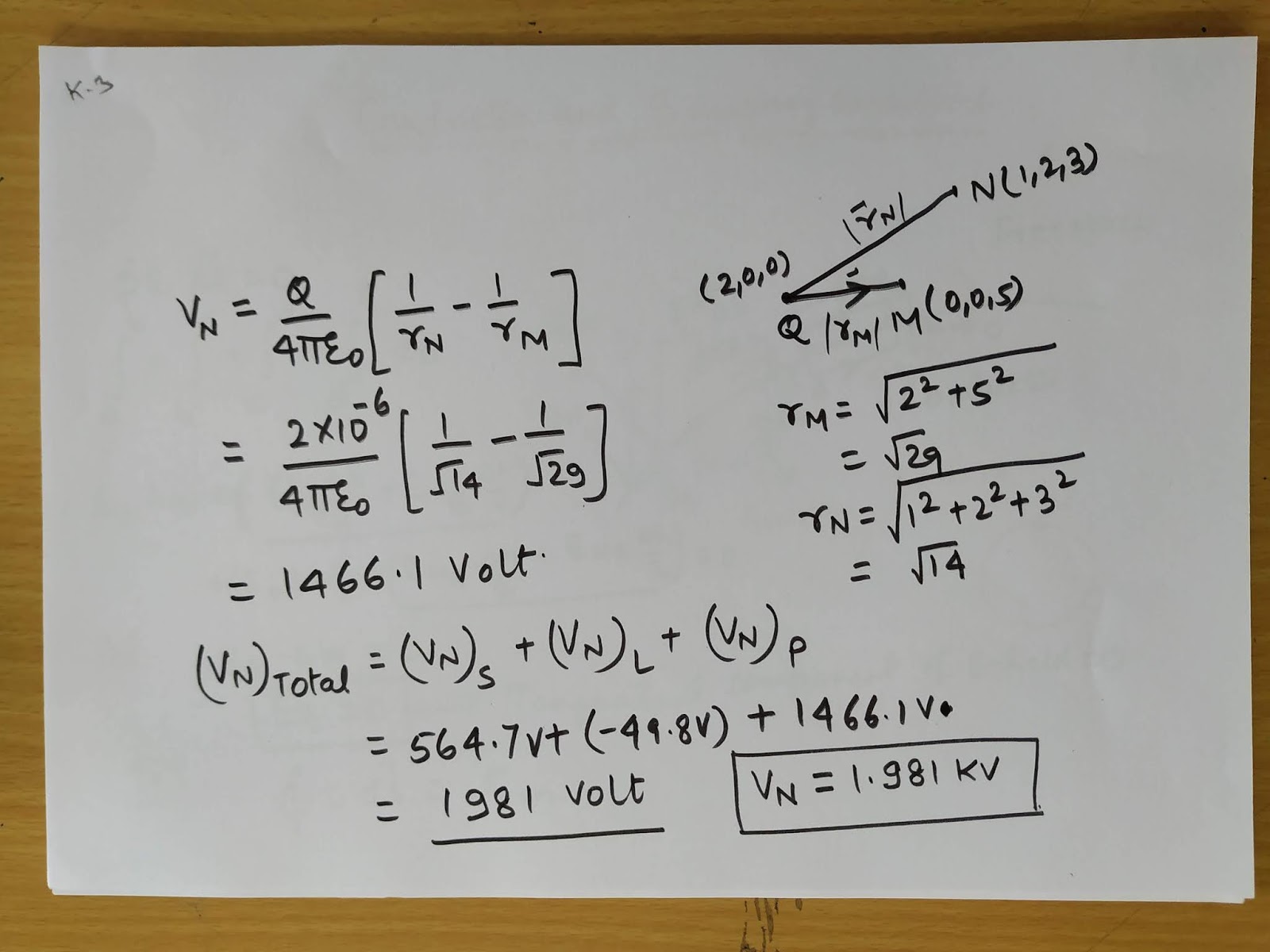 Total potential calculation due to surface charge density, line charge ...