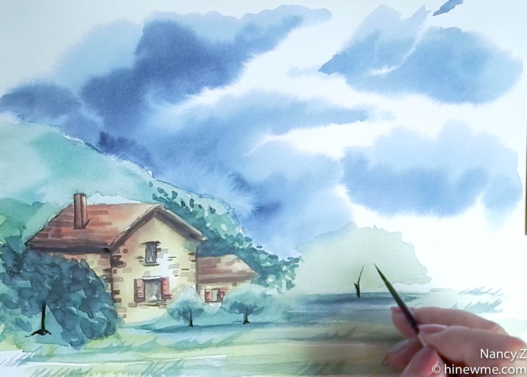 Watercolor house landscape Tutorial