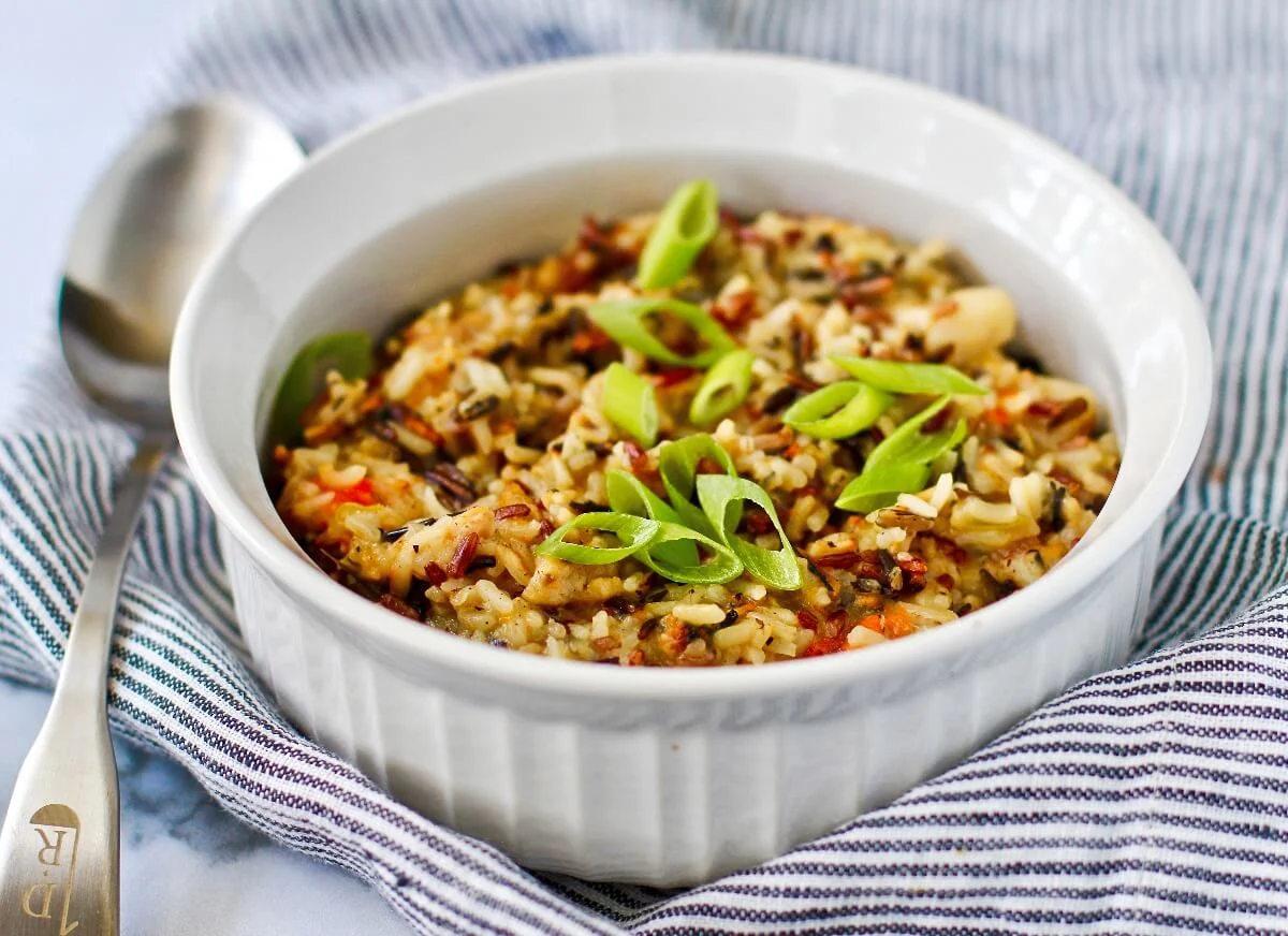 Leftover Chicken Pot Pie Soup Rice Casserole | Karen's Kitchen Stories