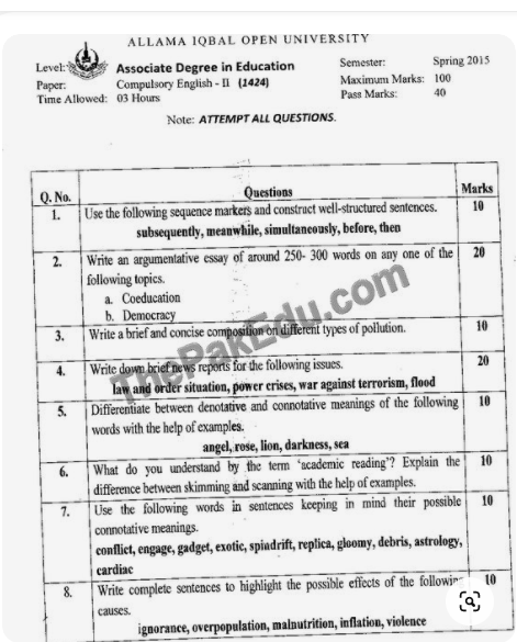 AIOU B.A Past Papers course code 1424 Read Online