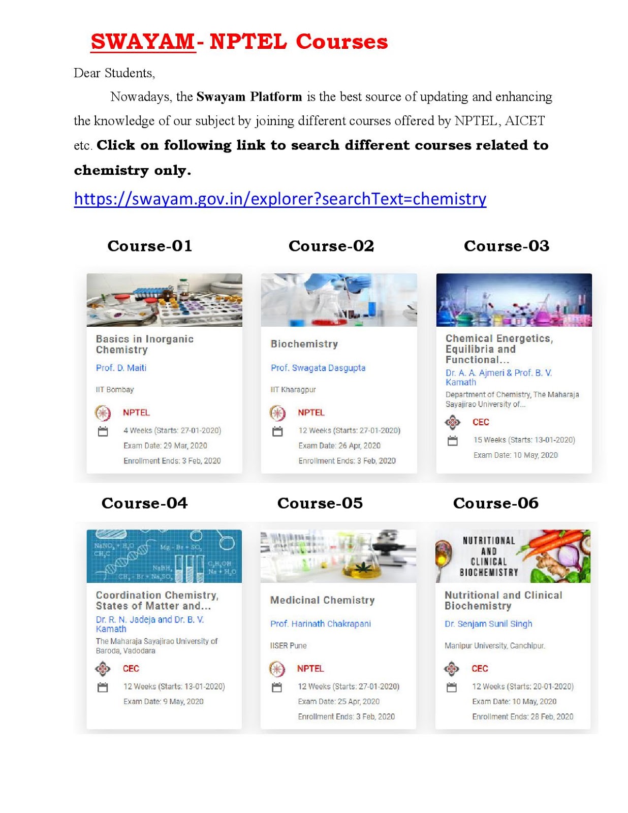 Join New NPTEL Courses related to chemistry ~ CHEMISTRY for UG & PG ...