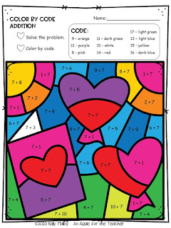 An Apple For The Teacher: Valentine's Day Color By Number Addition and ...