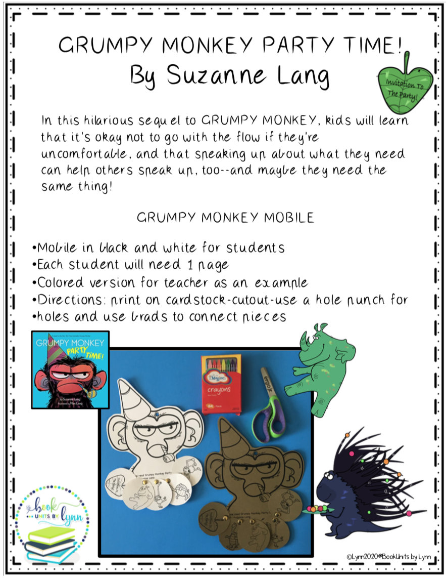 GRUMPY MONKEY PARTY TIME! MOBILE/CRAFT ~ Book Units by Lynn