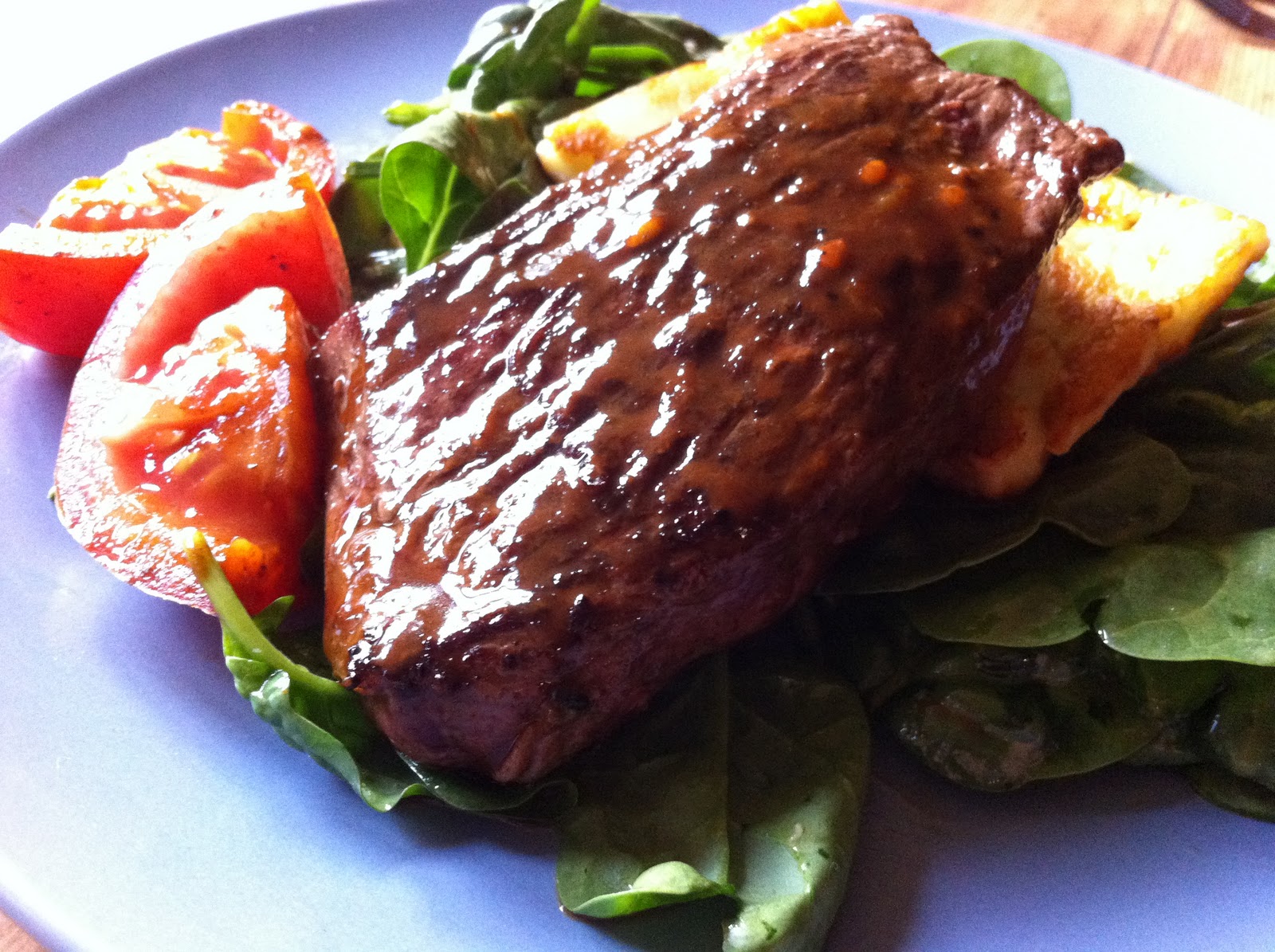 Honey Lady's Kitchen: Kangaroo Fillet with Spinach Salad, Fried Haloumi ...