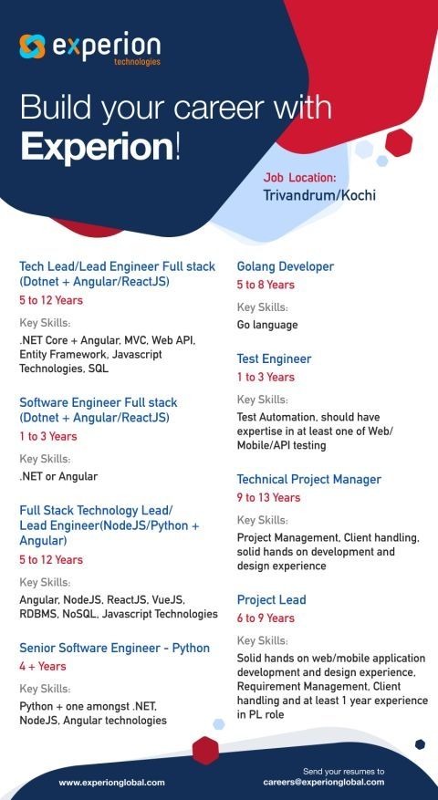 Experion Technologies - Multiple Openings for Tech Lead / Lead Engineer / Software Engineer ...
