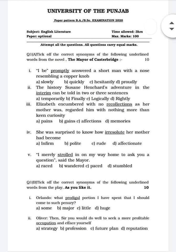 Sample Paper B.A, B.Sc ADP online exam Punjab University in Corona Lock ...