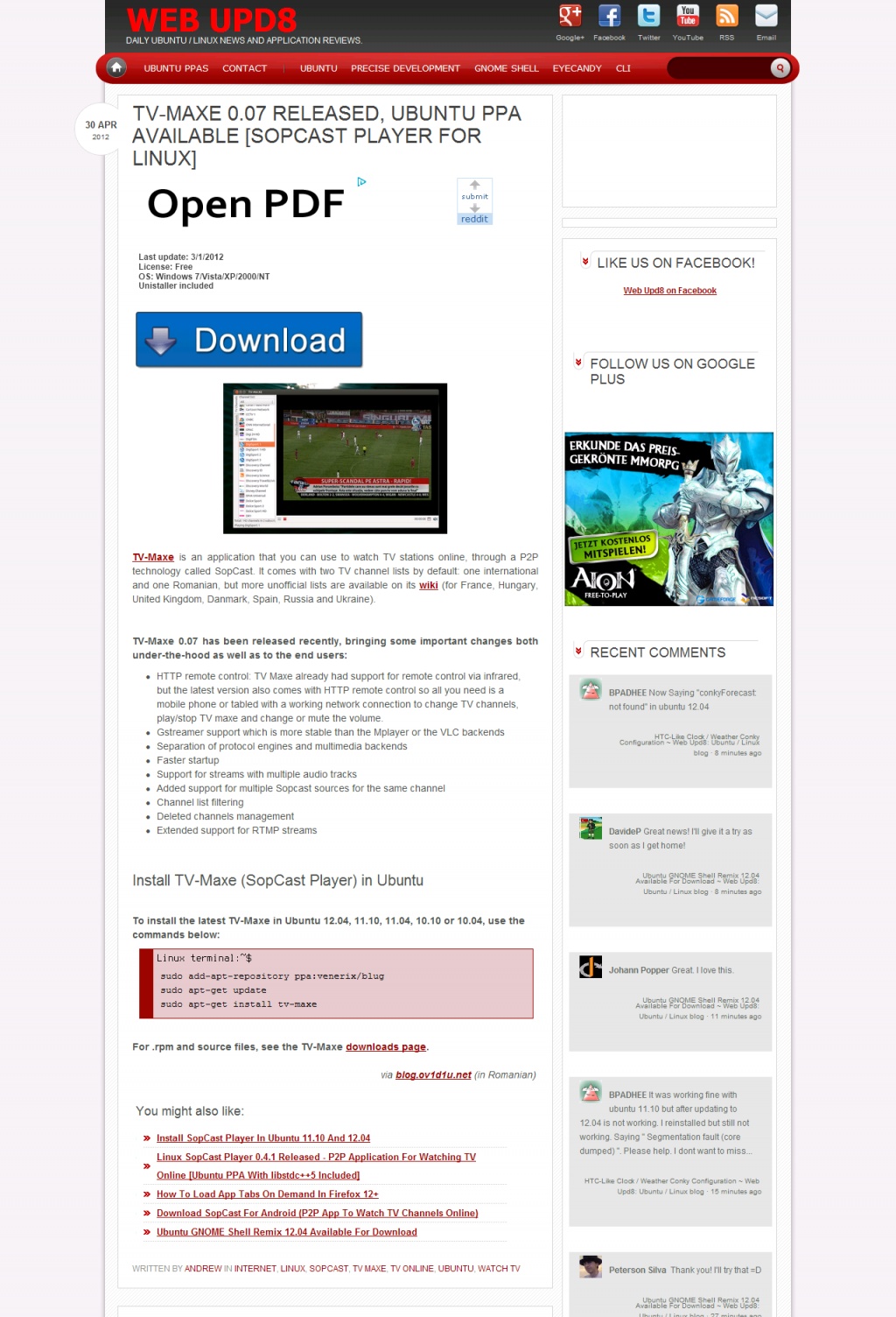La colţ de... internet: TV-Maxe pe WebUpd8