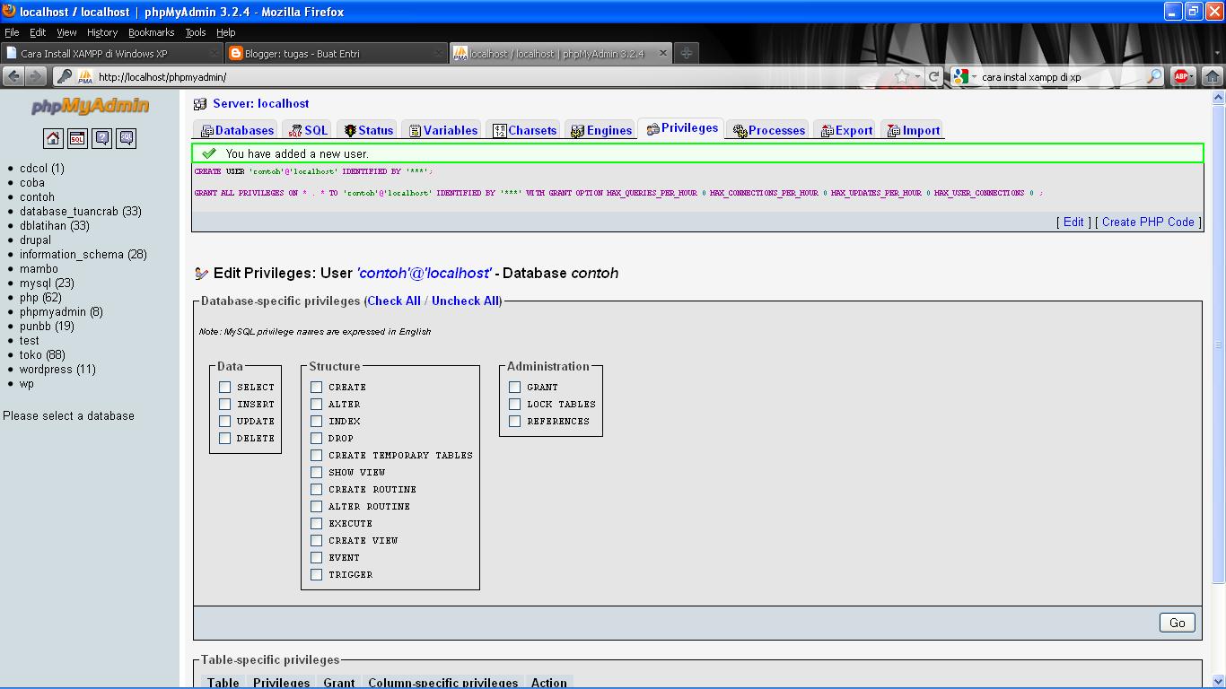 tugas: membuat database di php myadmin di localhost xampp
