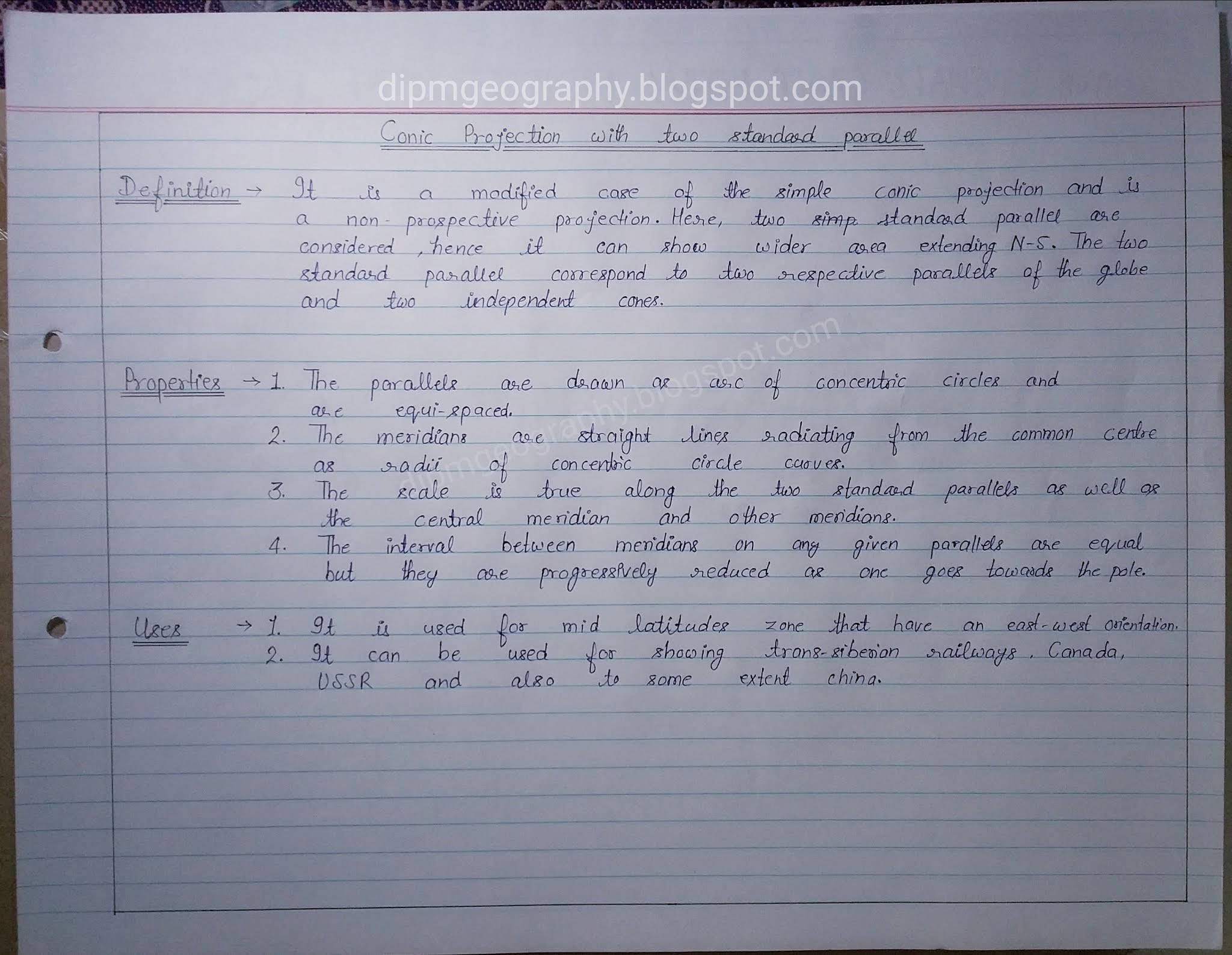 Dipm Geography: 41. Conical Projection with Two Standard Parallel