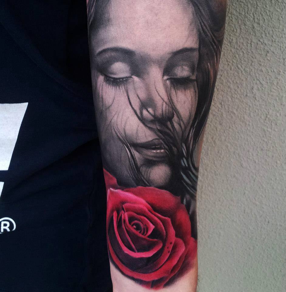 3D Girl Face And Red Rose Tattoos On Arm