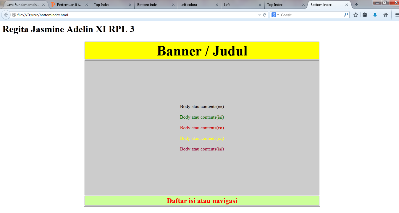 HTML 5 (Membuat Bottom Index,Layout Split,Left index,Top index)