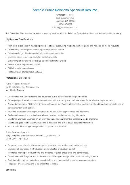 Resume Samples: Sample Public Relations Specialist Resume