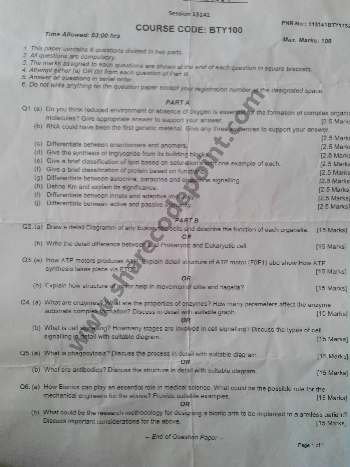 BTY100 : Elementary Biology End Term Exam Question Paper