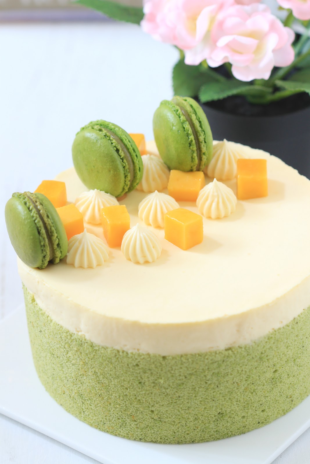 Mango-matcha charlotte cake