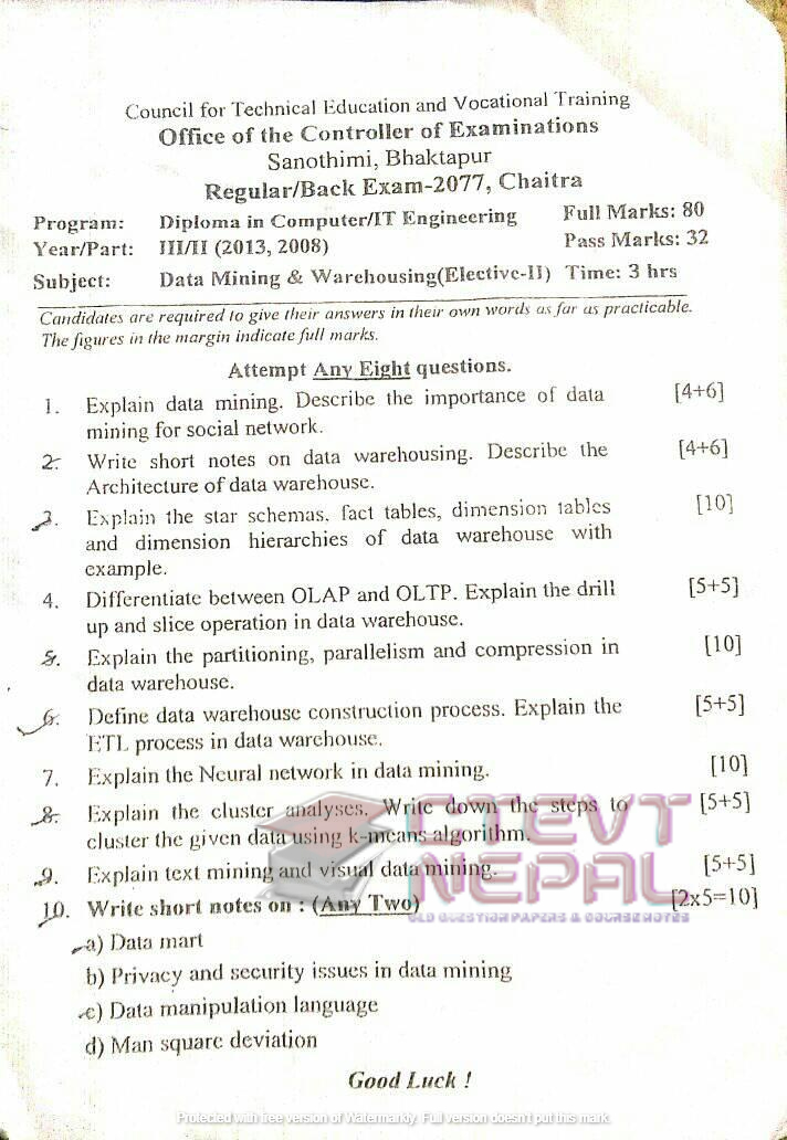 Data Mining and Warehousing (Elective-II) - 6th semester Questions ...