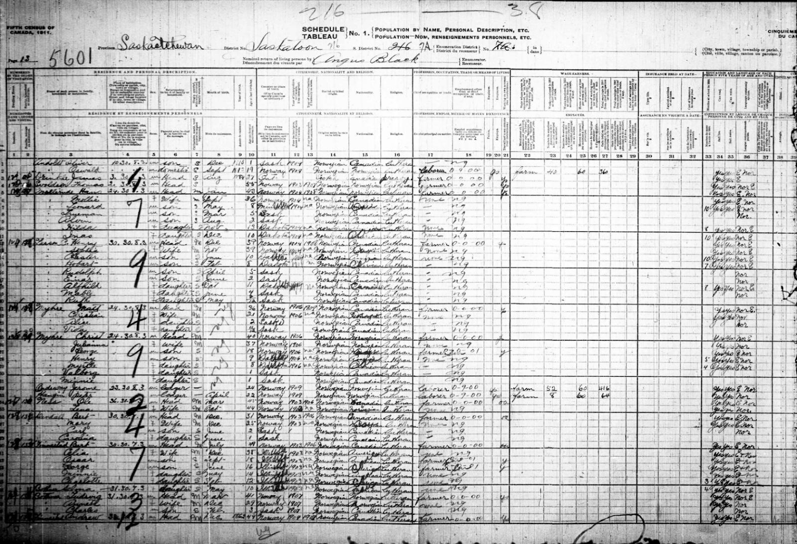 1911 Canada Census - Bert Finnestad