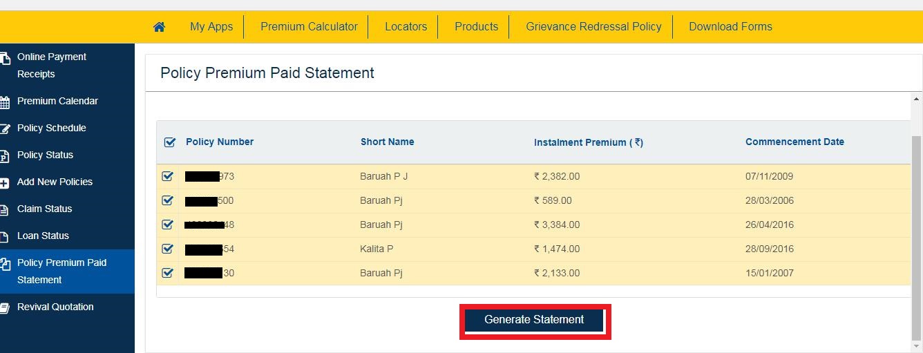 How to download LIC premium paid statement for a whole year?